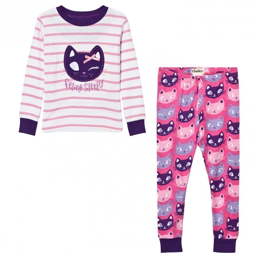 Hatley Cream And Pink Stripe Cat Pyjamas Yöpuku - Lastentarvikekauppa.fi